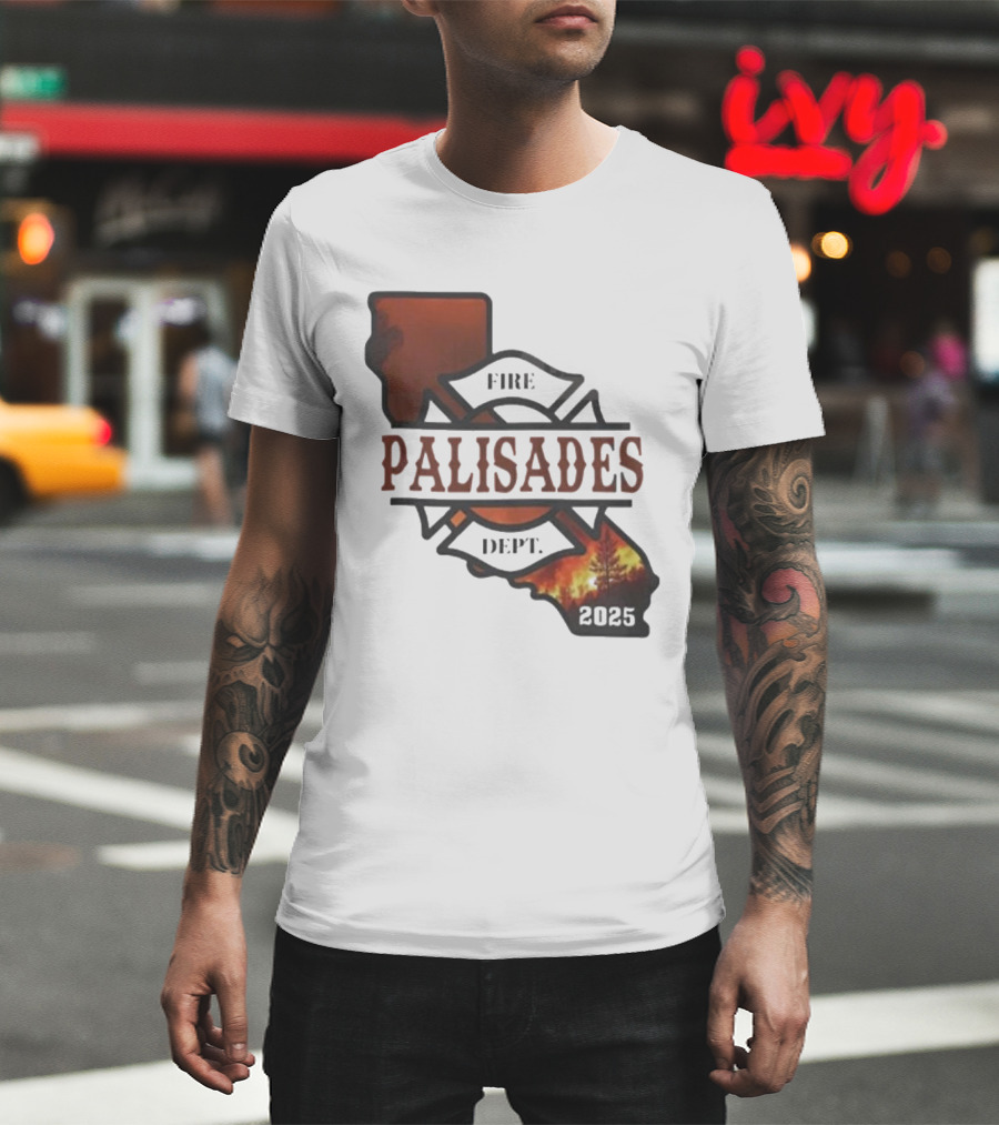 California Republic Palisades Fire Dept 2025 Badge With State And Flames T-Shirt