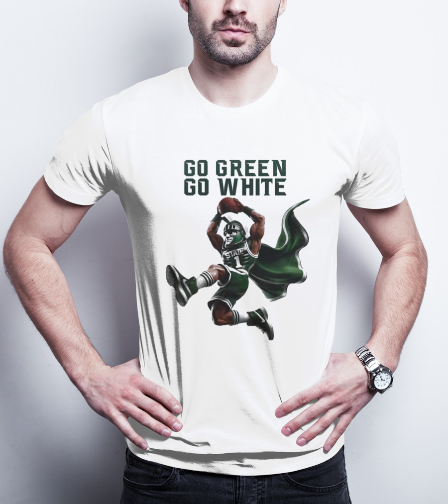 NCAA Michigan State Spartans Go Green Go White 2025 Mascot Dunking Basketball Player T-Shirt