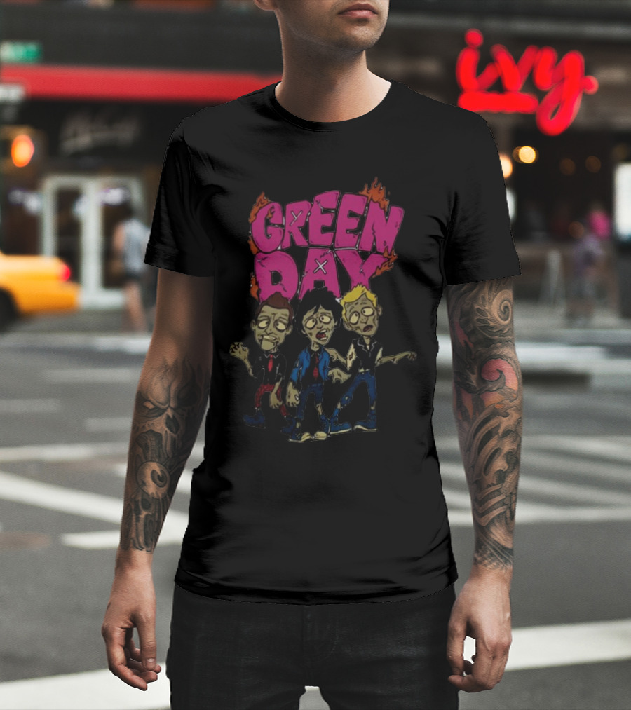 Green Day Cartoon Band Members The Saviors Tour T-Shirt