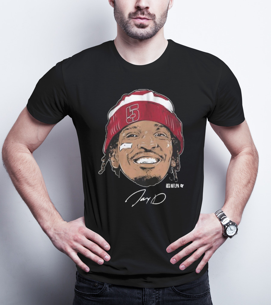 Jayden Daniels Face Bandage Signature NFLPA Number 5 Beanie T-Shirt