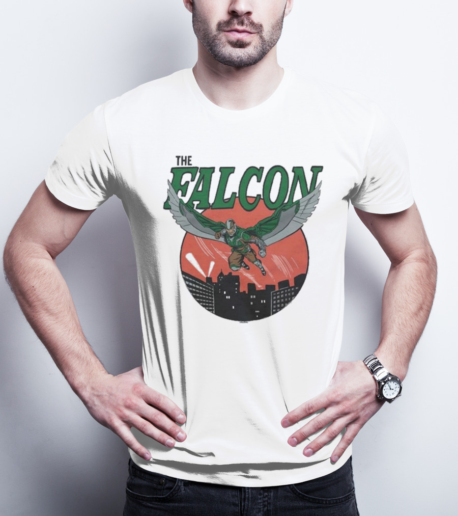 The Falcon Soaring Over City Skyline In Action-Packed Comic T-Shirt