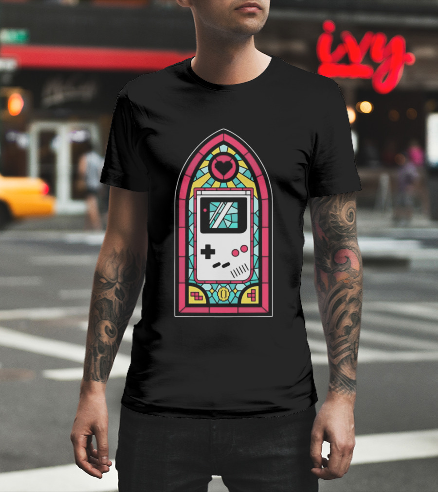 Game Boy 8-Bit Stained Glass Heart Coin Pixel Art Window T-Shirt