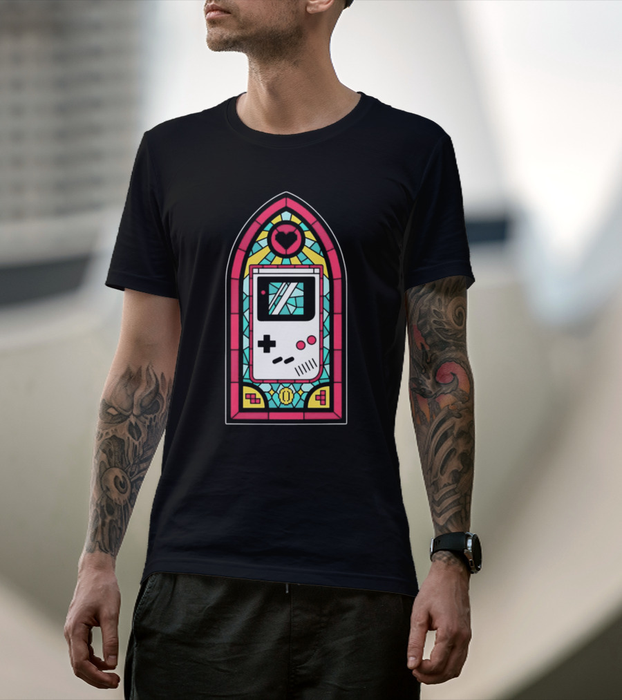 Game Boy 8-Bit Stained Glass Heart Coin Pixel Art Window T-Shirt