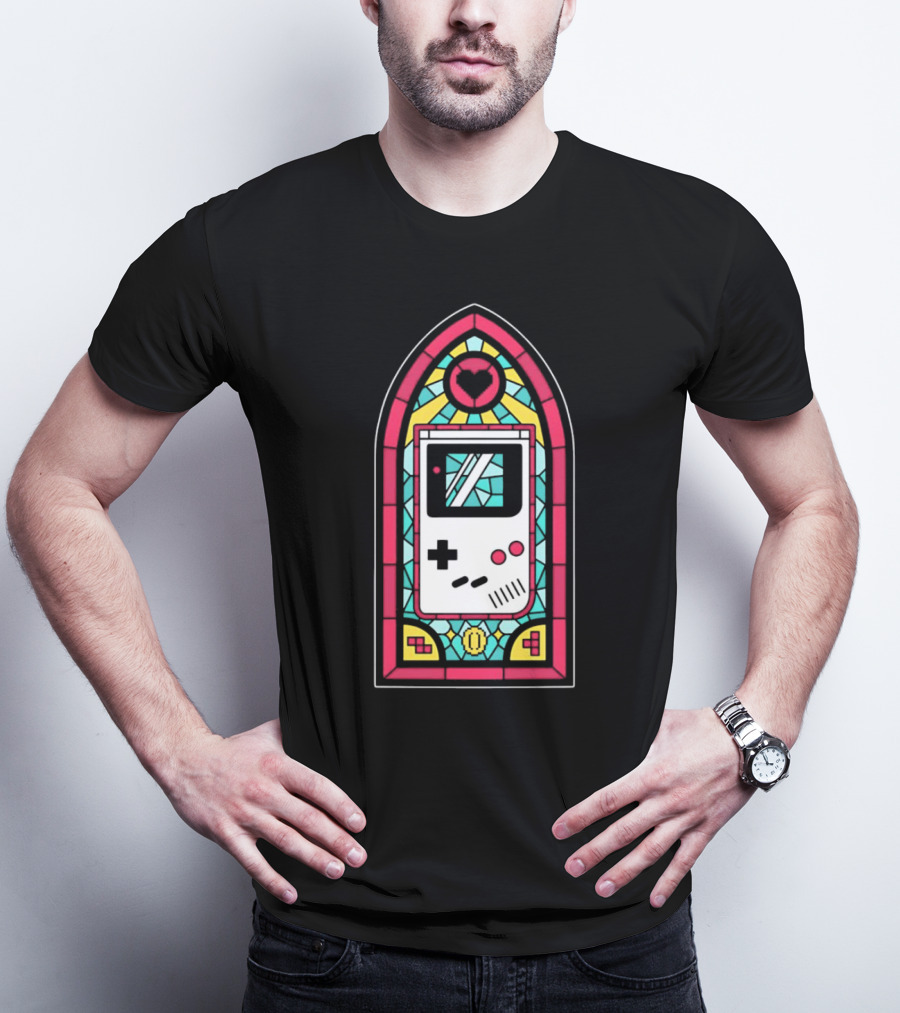 Game Boy 8-Bit Stained Glass Heart Coin Pixel Art Window T-Shirt