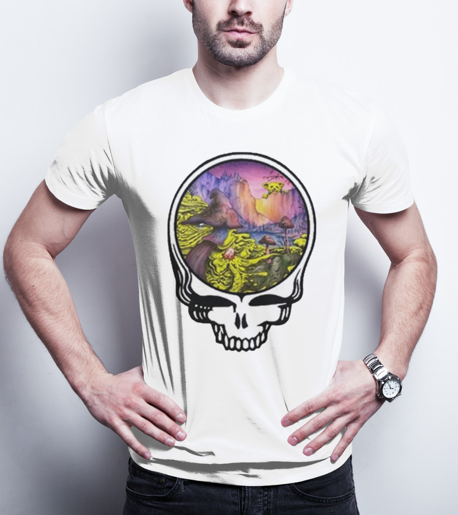 Grateful Dead Skull With Psychedelic Landscape And Mushrooms T-Shirt