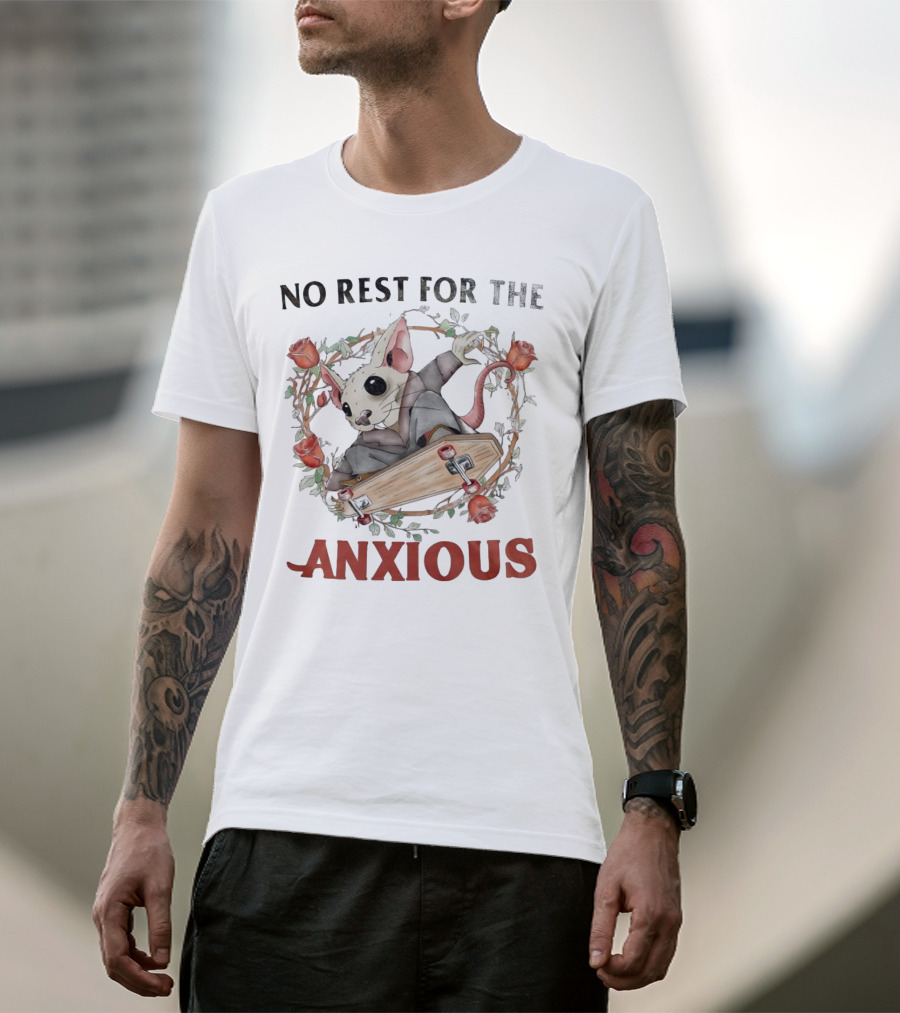 No Rest For The Anxious Rat In A Suit With Roses And Skateboard Coffin T-Shirt