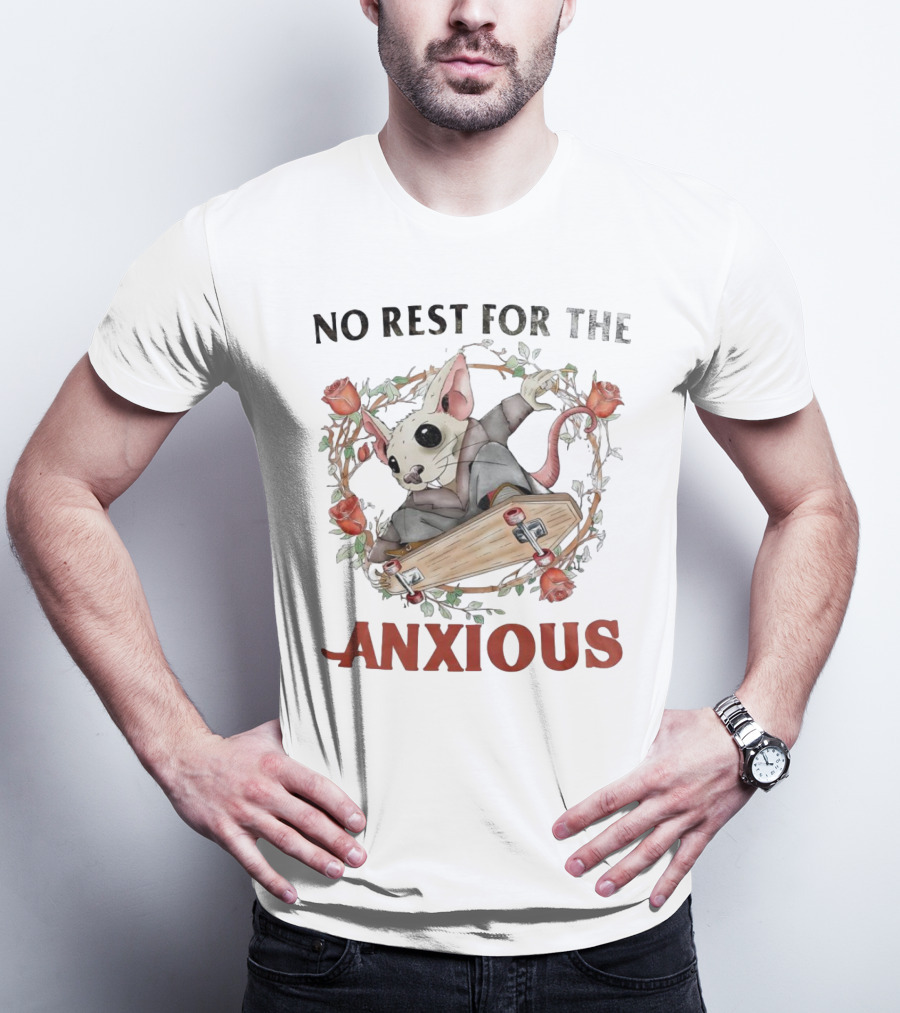 No Rest For The Anxious Rat In A Suit With Roses And Skateboard Coffin T-Shirt