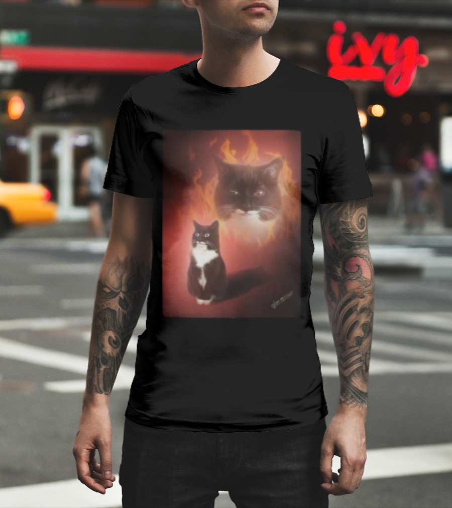 Olan Meows Black And White Cat Flames Retro Theme T-Shirt