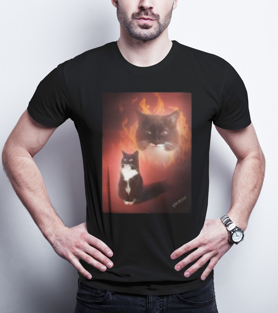 Olan Meows Black And White Cat Flames Retro Theme T-Shirt