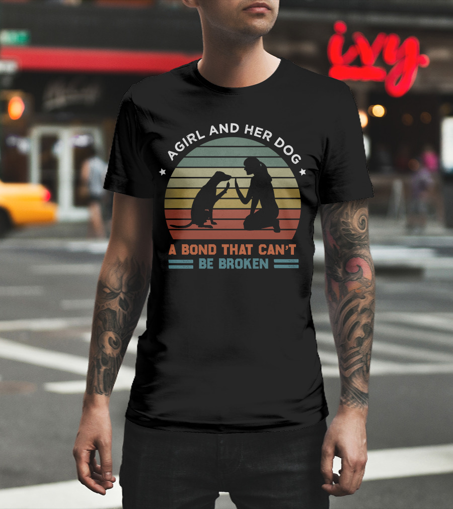 A Girl And Her Dog A Bond That Can't Be Broken Vintage Dog Silhouette Retro Stripes T-Shirt