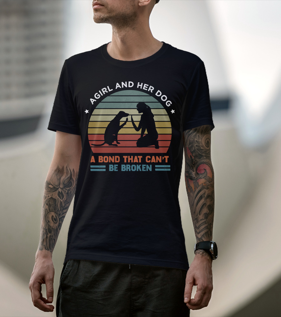 A Girl And Her Dog A Bond That Can't Be Broken Vintage Dog Silhouette Retro Stripes T-Shirt