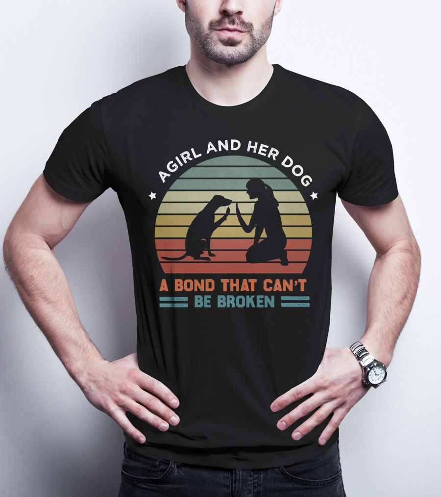 A Girl And Her Dog A Bond That Can't Be Broken Vintage Dog Silhouette Retro Stripes T-Shirt