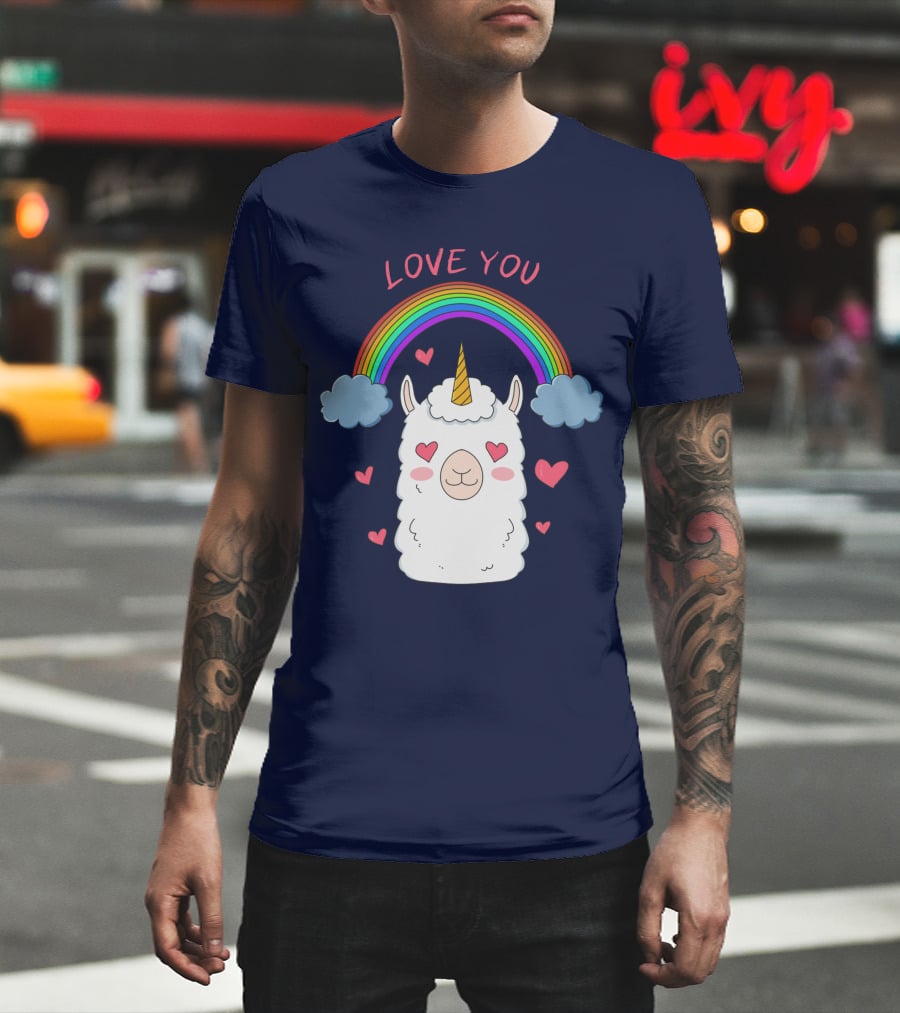 Love You Alpaca Unicorn Rainbow Cloud Hearts T-Shirt