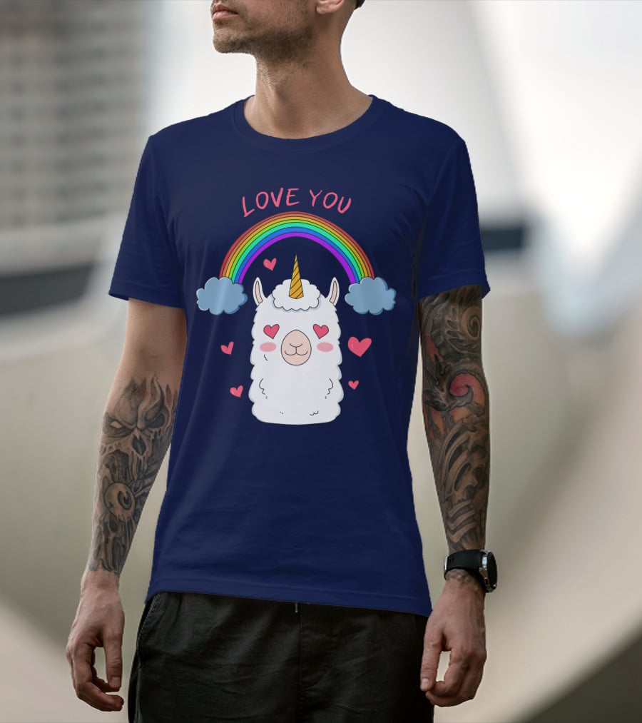 Love You Alpaca Unicorn Rainbow Cloud Hearts T-Shirt
