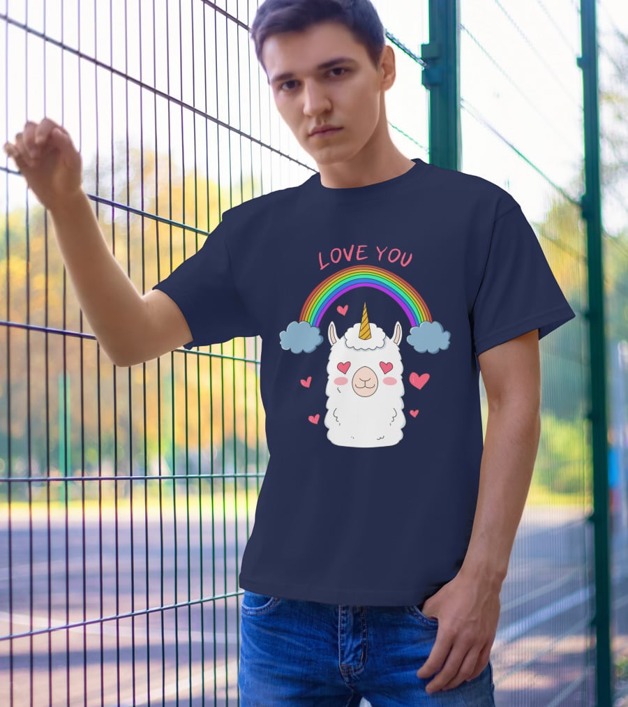 Love You Alpaca Unicorn Rainbow Cloud Hearts T-Shirt