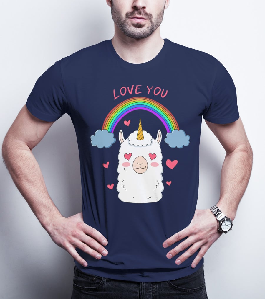 Love You Alpaca Unicorn Rainbow Cloud Hearts T-Shirt