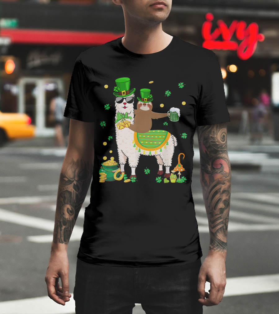 Lucky Shamrock Llama Sloth Lover Happy St Patrick's Day Coins Beer Hat T-Shirt