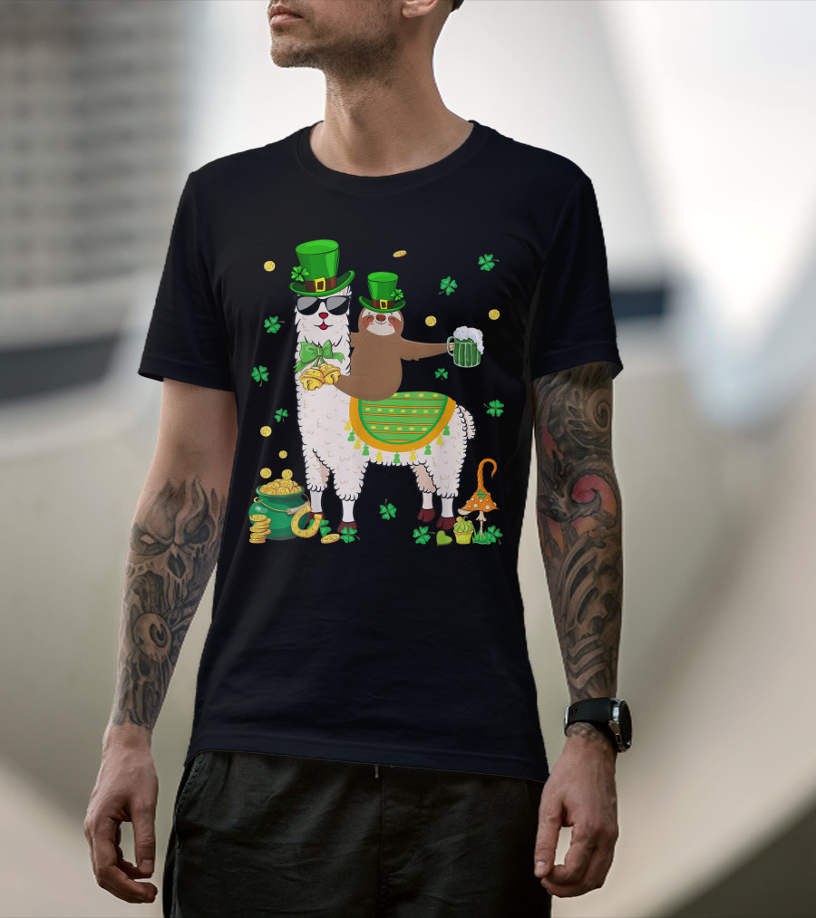 Lucky Shamrock Llama Sloth Lover Happy St Patrick's Day Coins Beer Hat T-Shirt