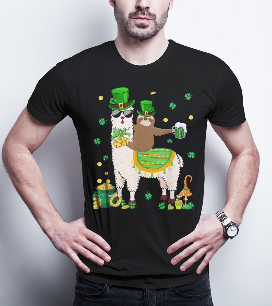 Lucky Shamrock Llama Sloth Lover Happy St Patrick's Day Coins Beer Hat T-Shirt