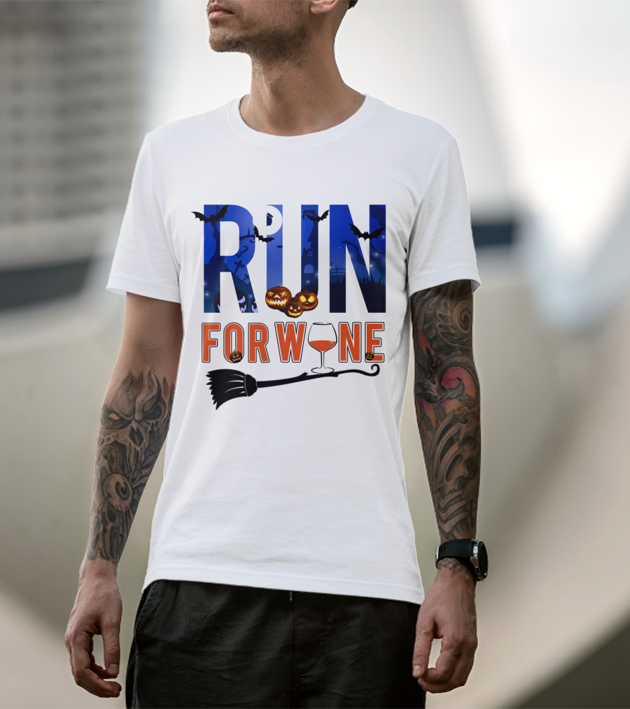 Halloween Run For Wine With Bats, Pumpkins, Witch's Broom, And Wine Glass T-Shirt