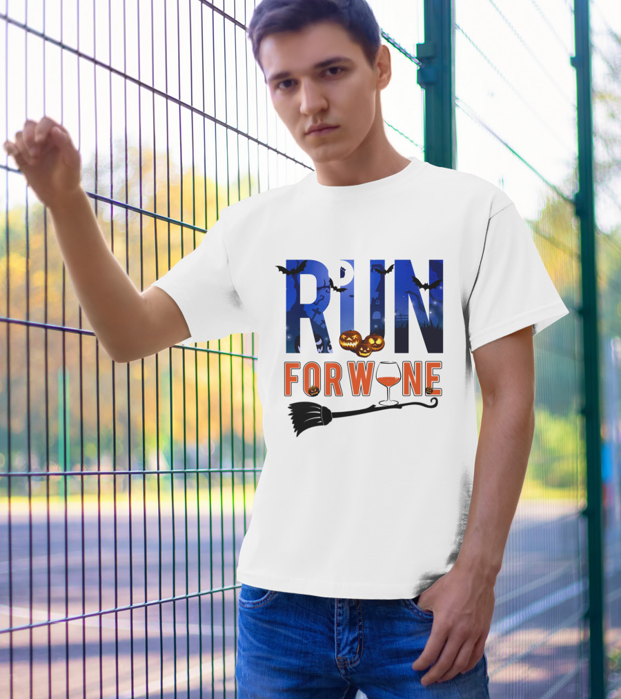 Halloween Run For Wine With Bats, Pumpkins, Witch's Broom, And Wine Glass T-Shirt