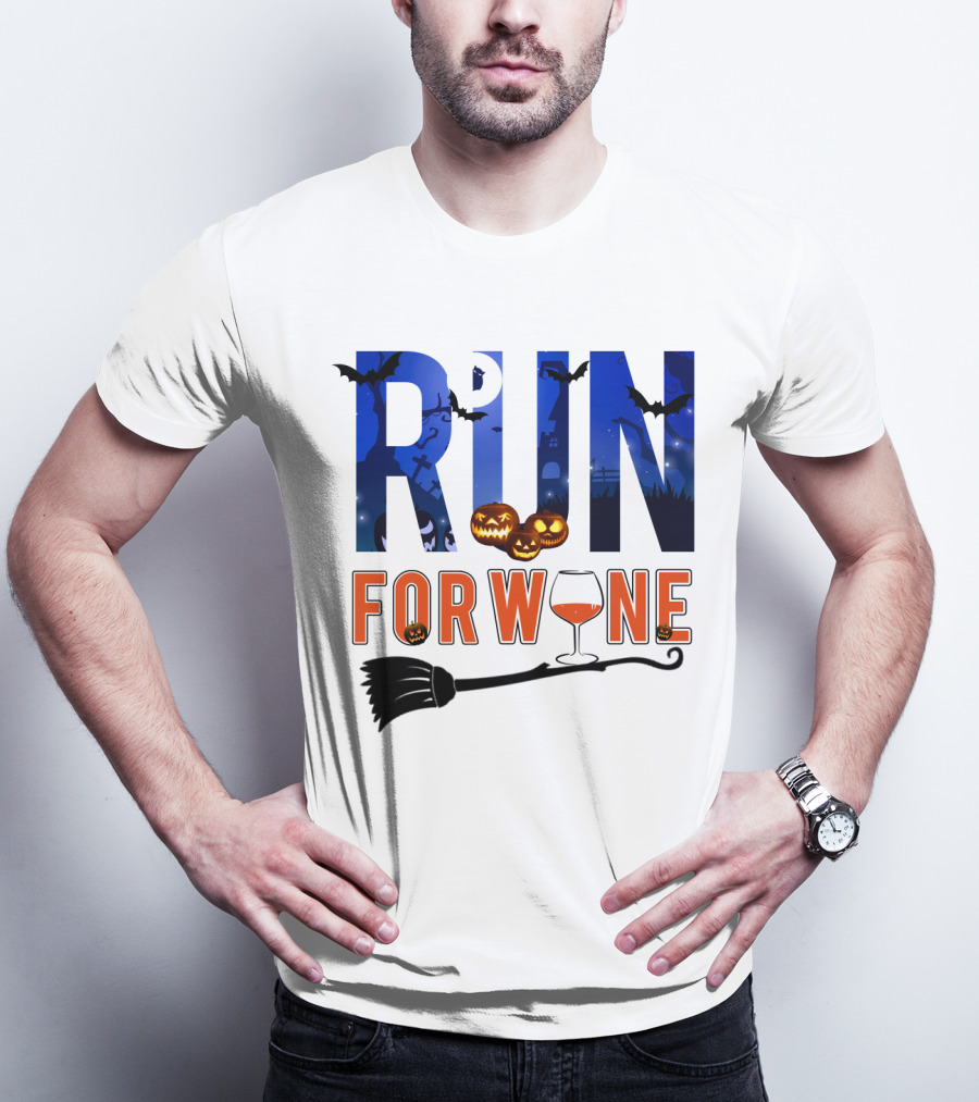 Halloween Run For Wine With Bats, Pumpkins, Witch's Broom, And Wine Glass T-Shirt
