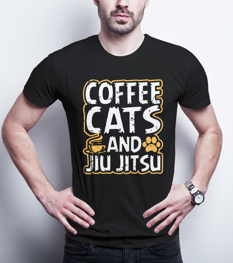 Coffee Cats And Jiu Jitsu With Coffee Cup And Cat Paw Prints T-Shirt