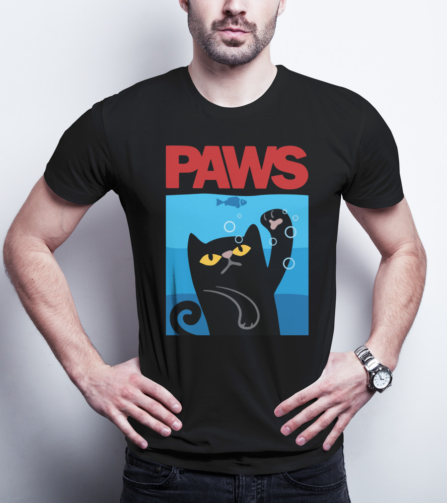 PAWS Jaws Parody Black Cat With Fish In Water T-Shirt