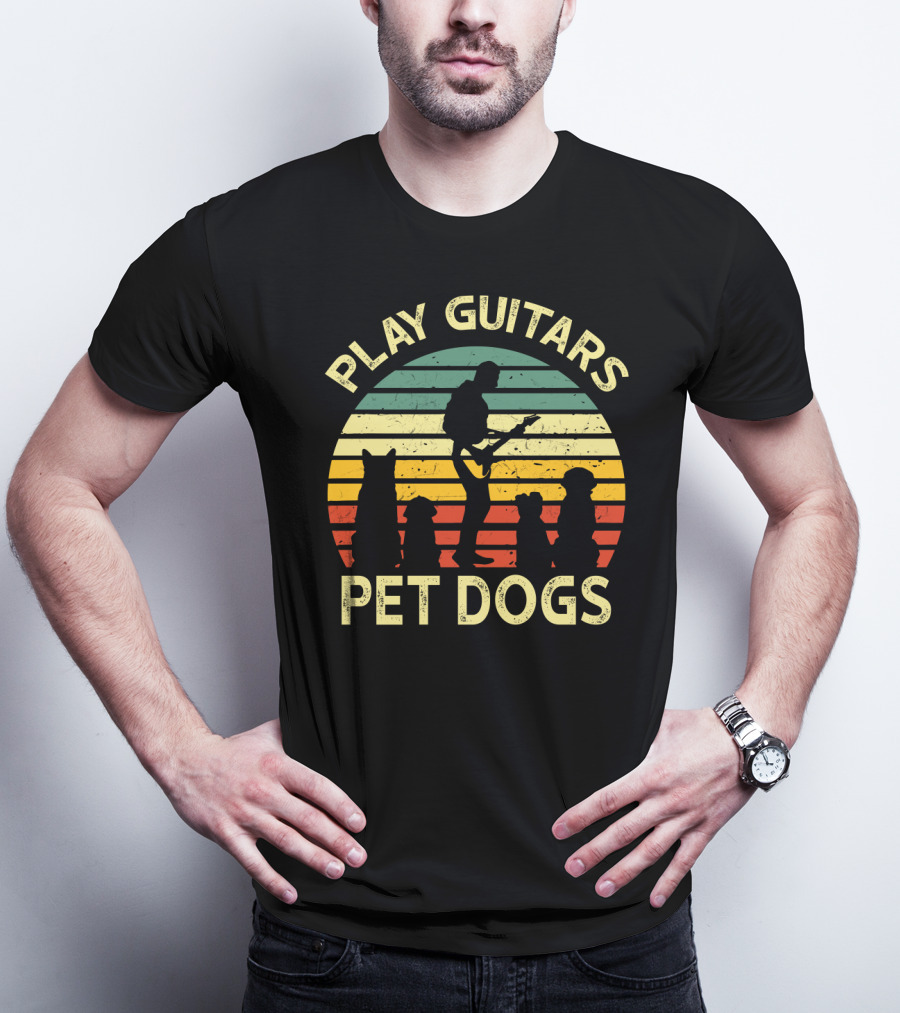 Play Guitars Pet Dogs Retro Silhouette With Dogs And Guitar Player T-Shirt