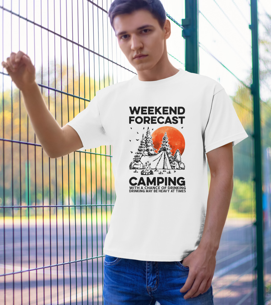 Weekend Forecast Camping With A Chance Of Drinking Drinking May Be Heavy At Times Vibrant Red Moon Forest Nighttime Scene T-Shirt