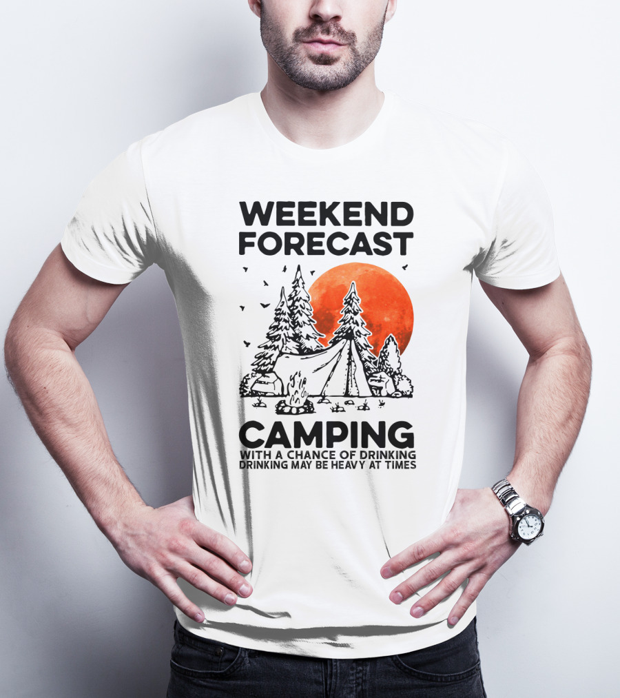 Weekend Forecast Camping With A Chance Of Drinking Drinking May Be Heavy At Times Vibrant Red Moon Forest Nighttime Scene T-Shirt