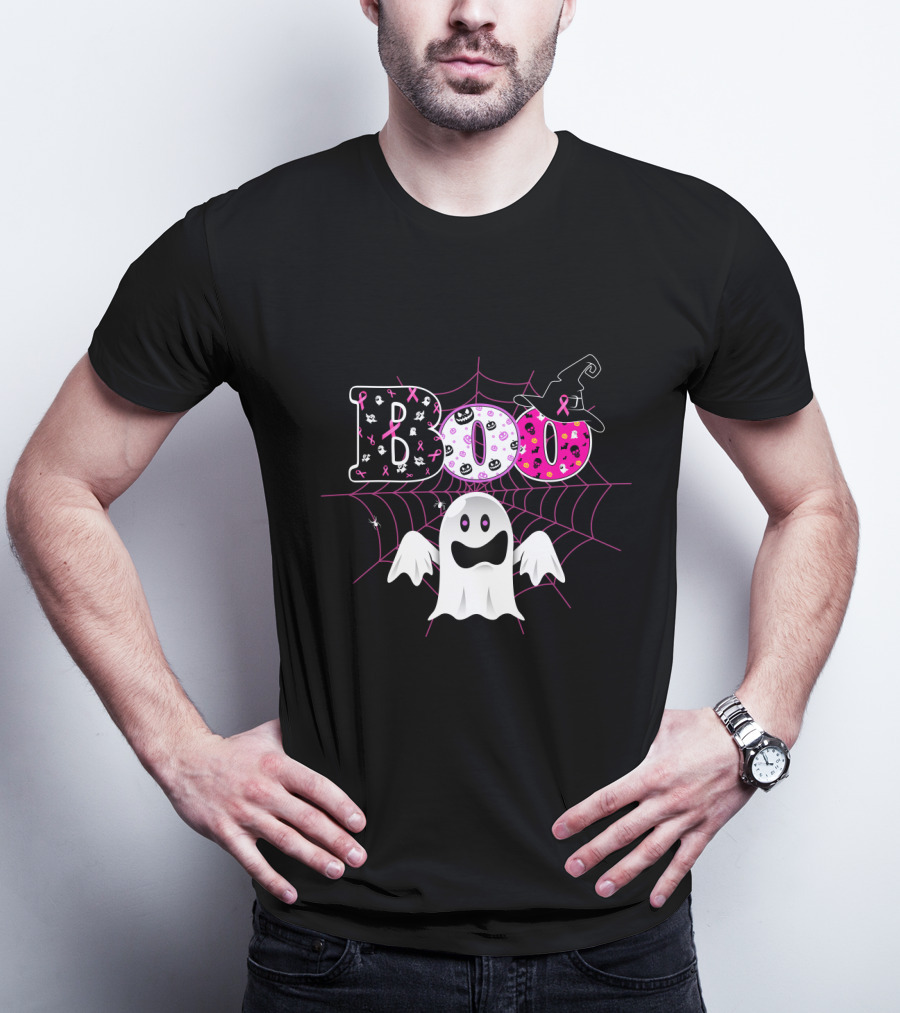Boo Breast Cancer Awareness Halloween Ghost With Pink Ribbons And Witch Hat T-Shirt