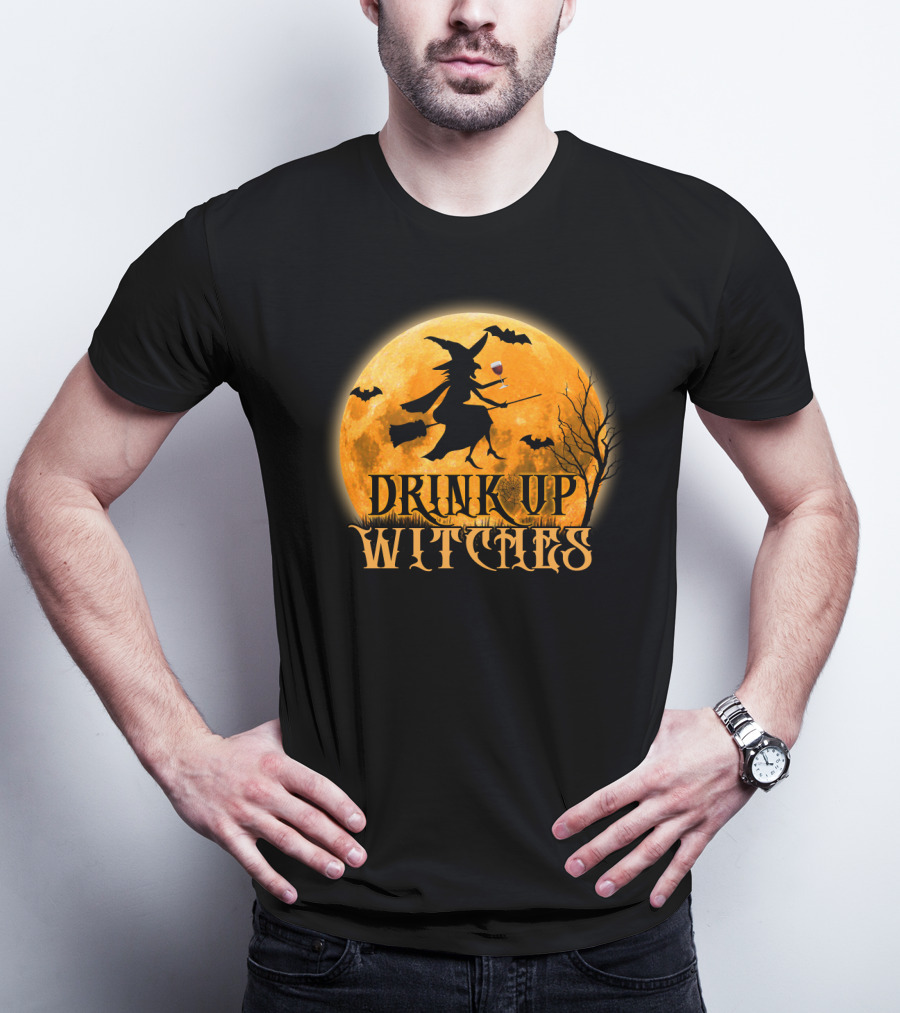 Drink Up Witches Wine Halloween Moon Bats Broomstick T-Shirt