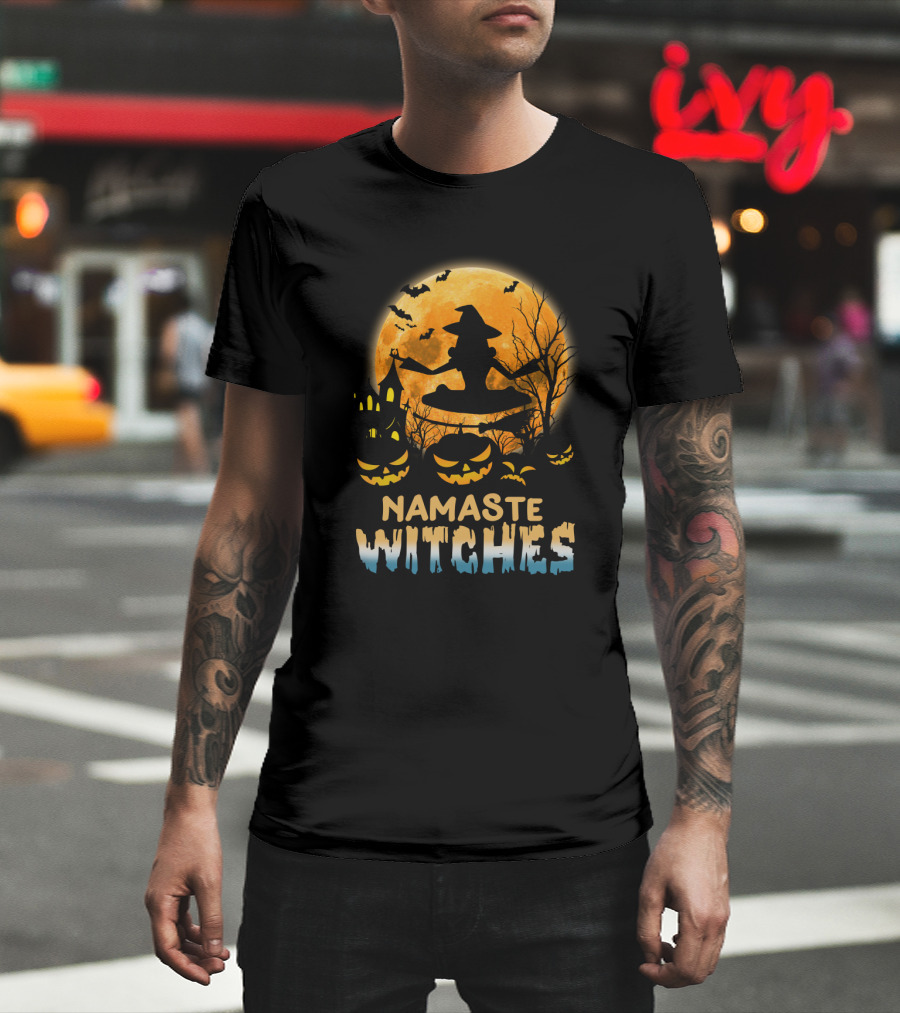 Namaste Witches Yoga Halloween Moon And Pumpkins T-Shirt