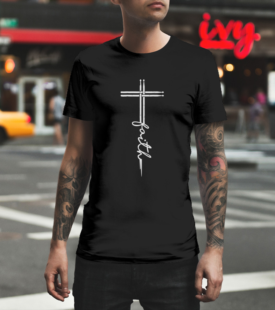 Faith Drum Stick Cross Christian T-Shirt