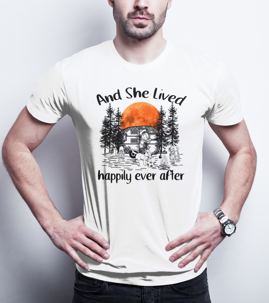 And She Lived Happily Ever After Camping Adventure With Orange Moon And Campfire Scene T-Shirt