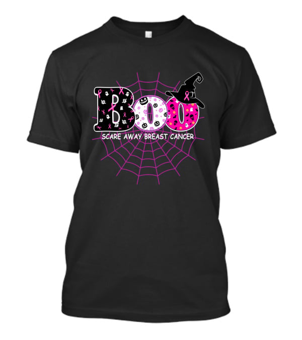 Boo Halloween Witch Hat Pink Ribbon Scare Away Breast Cancer Awareness T-Shirt