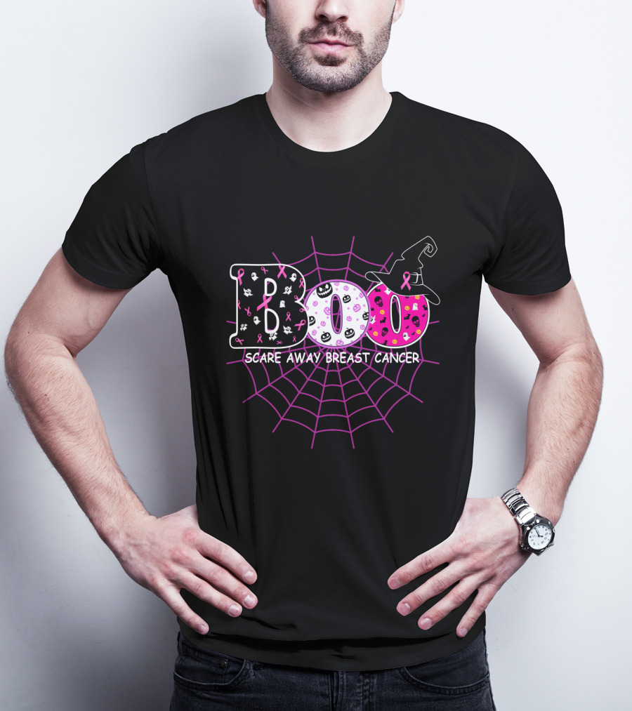 Boo Halloween Witch Hat Pink Ribbon Scare Away Breast Cancer Awareness T-Shirt