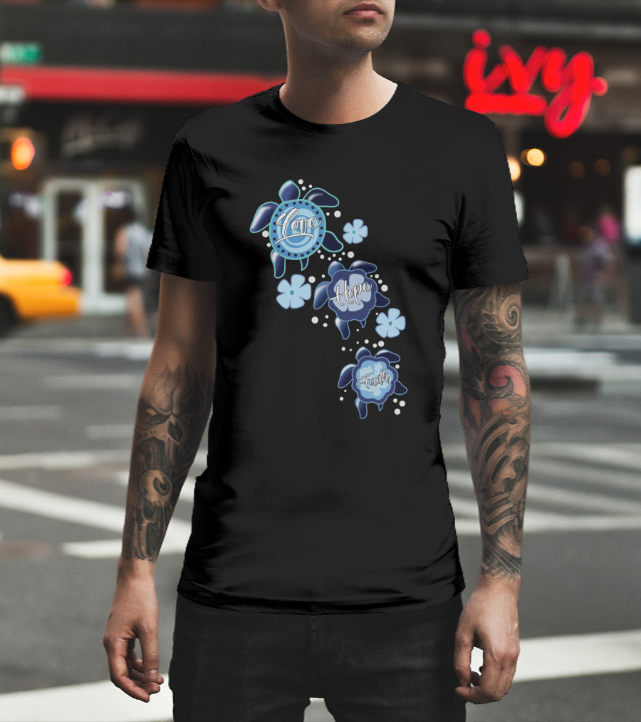 Love Hope Faith Turtle Icons Blue T-Shirt