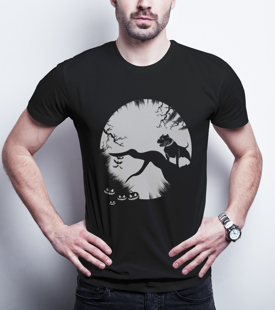Pitbull Halloween Moon With Jack O'Lanterns And Bats T-Shirt