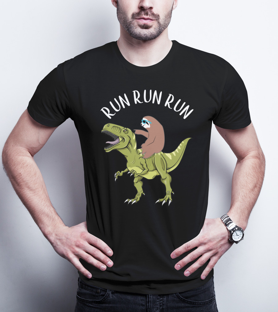 Run Run Run Sloth Riding Dinosaur T-Shirt