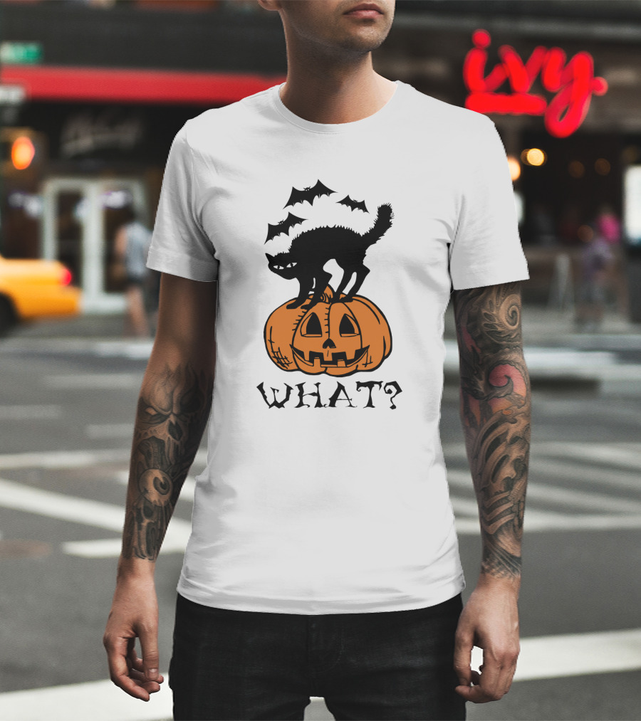 WHAT Black Cat Halloween Pumpkin Bats T-Shirt