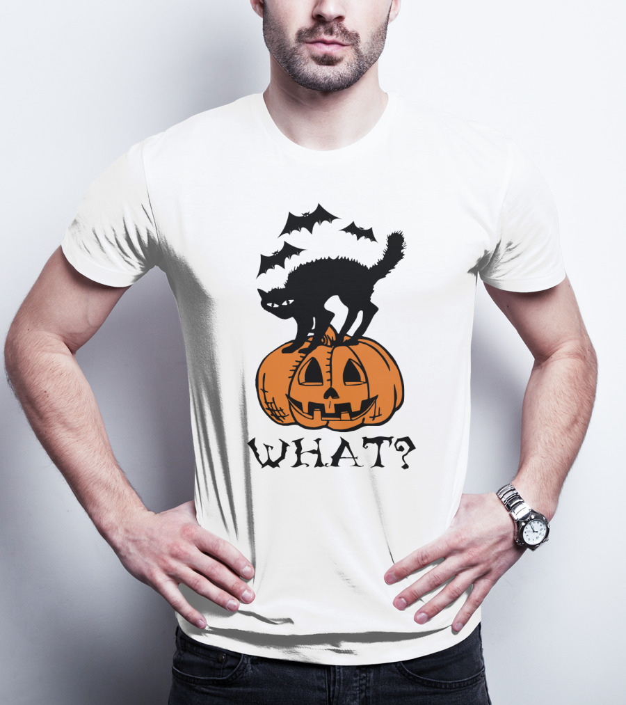 WHAT Black Cat Halloween Pumpkin Bats T-Shirt