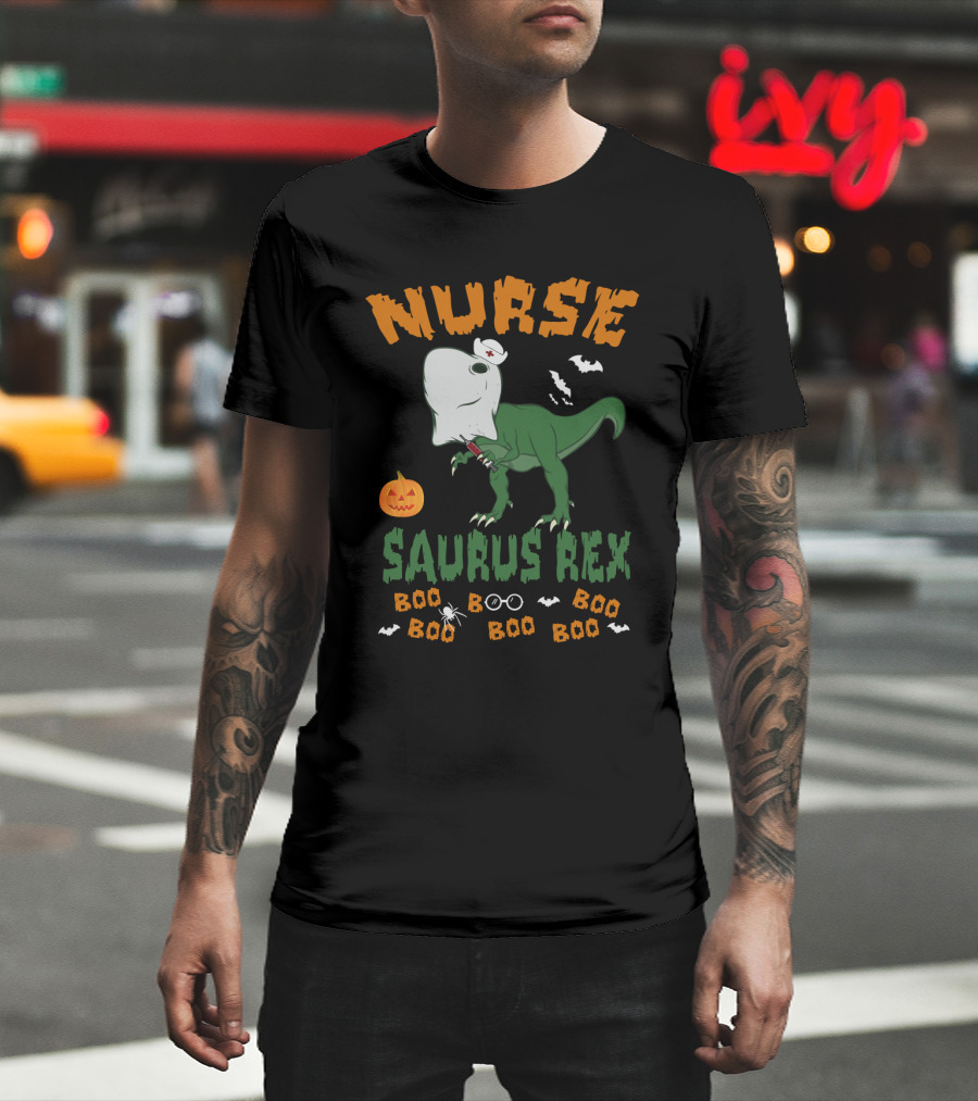 Nurse Saurus Rex Boo Boo Halloween Pumpkin Bat T-Shirt