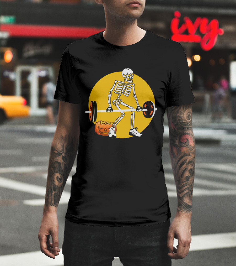Skeleton Lifting Barbell With Pumpkin Halloween T-Shirt