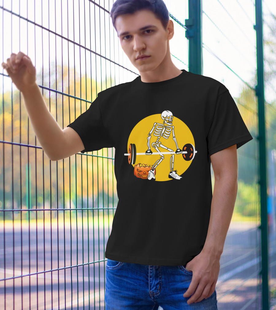 Skeleton Lifting Barbell With Pumpkin Halloween T-Shirt
