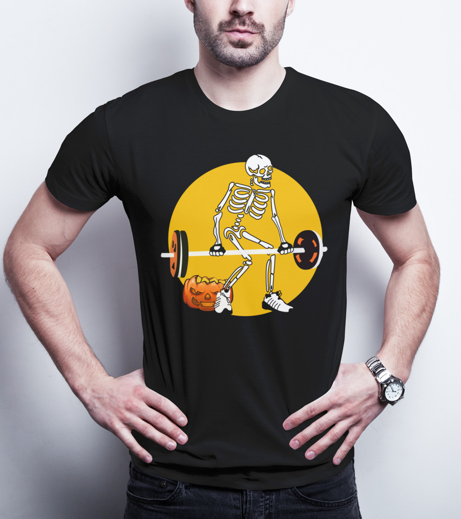 Skeleton Lifting Barbell With Pumpkin Halloween T-Shirt