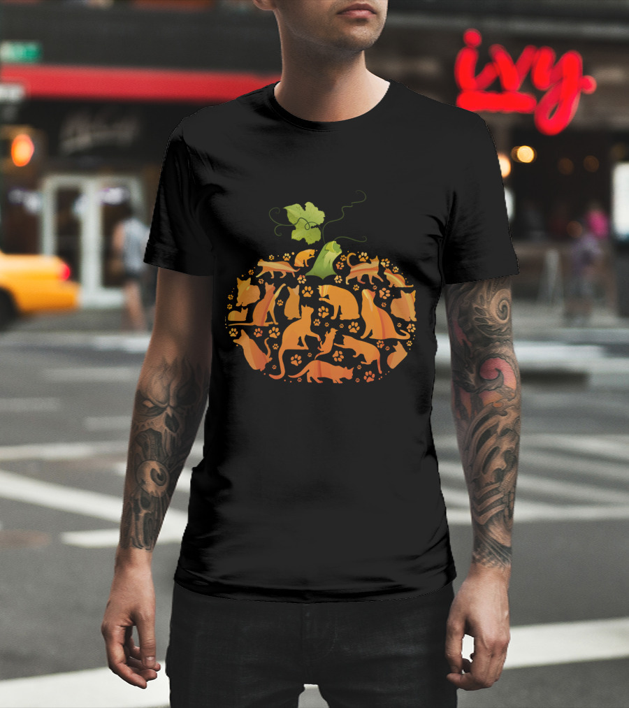 Cat Pumpkin Silhouette With Paws In Pumpkin Shape T-Shirt