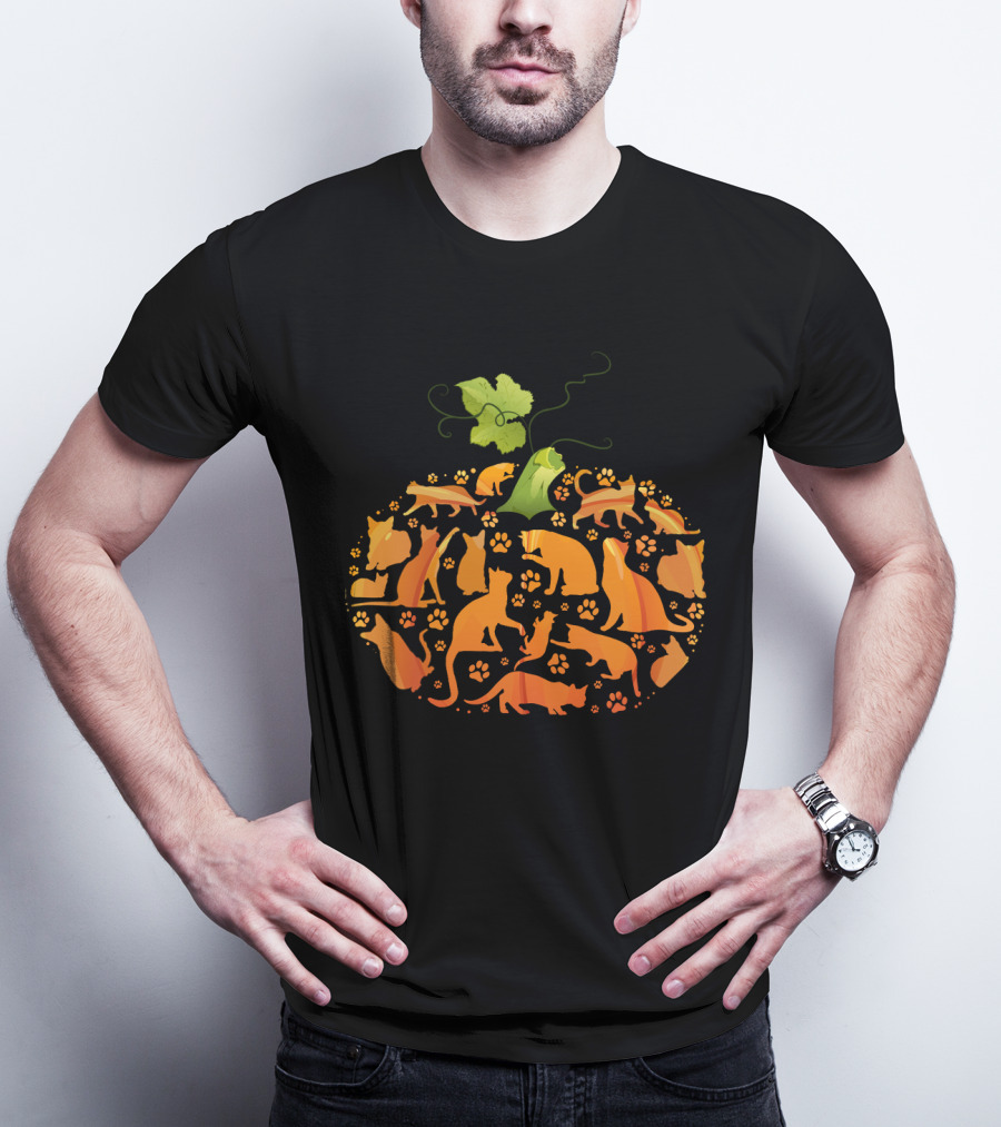 Cat Pumpkin Silhouette With Paws In Pumpkin Shape T-Shirt