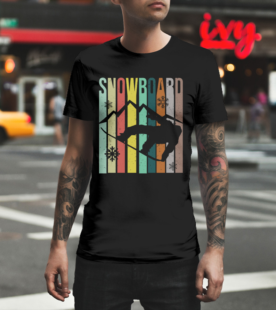 Snowboard Snowboarding Retro Mountain Silhouette Snowflakes T-Shirt